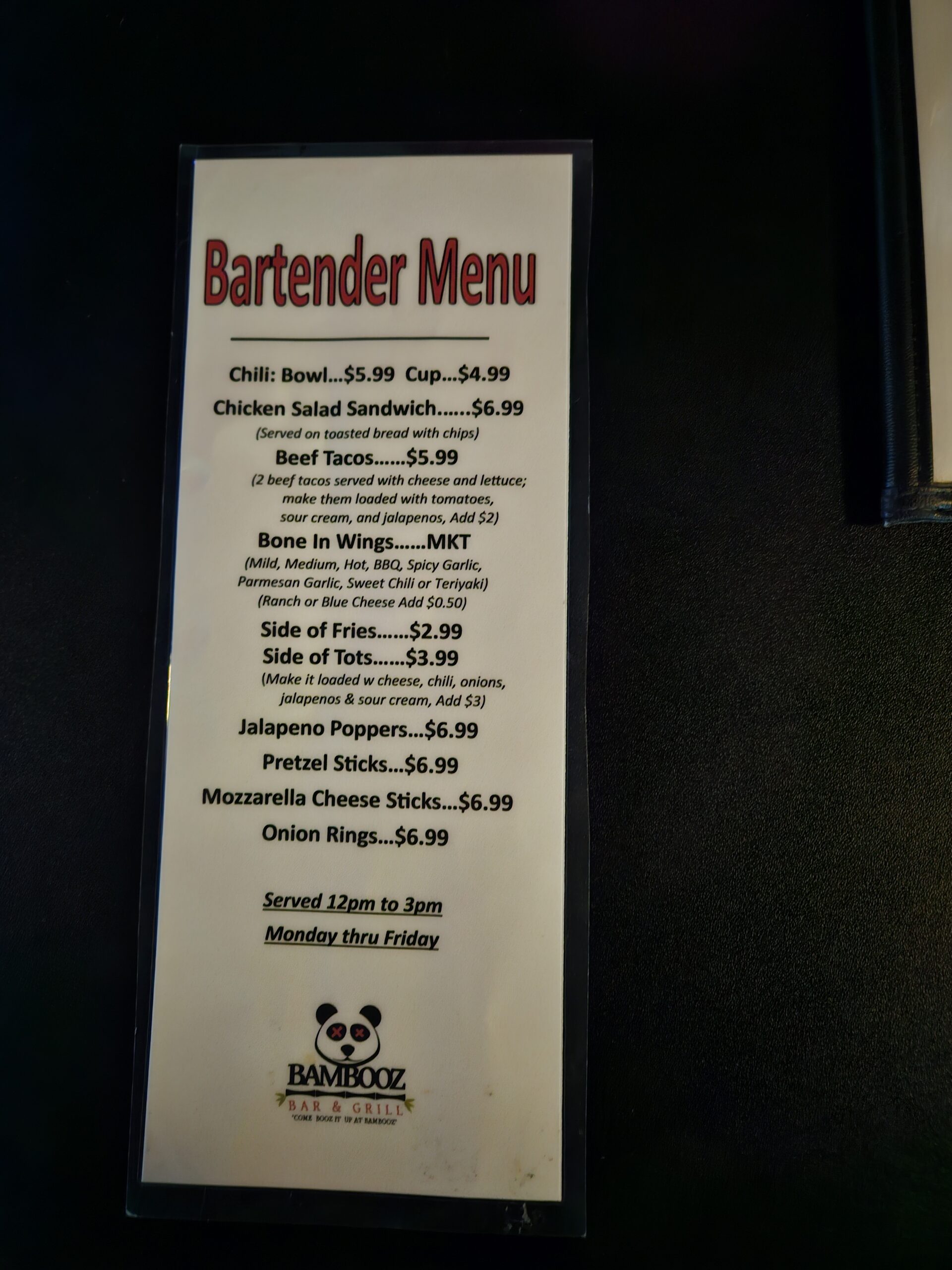 Main Grill menu - Bambooz Sports Bar