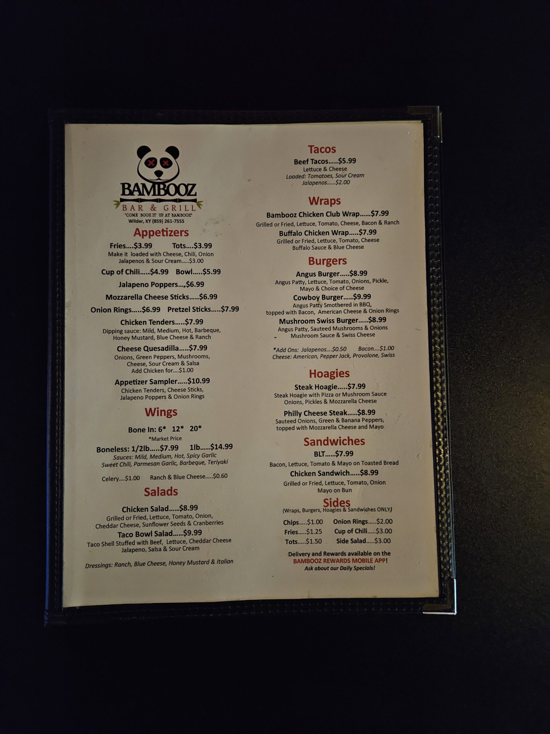 Main Grill menu - Bambooz Sports Bar